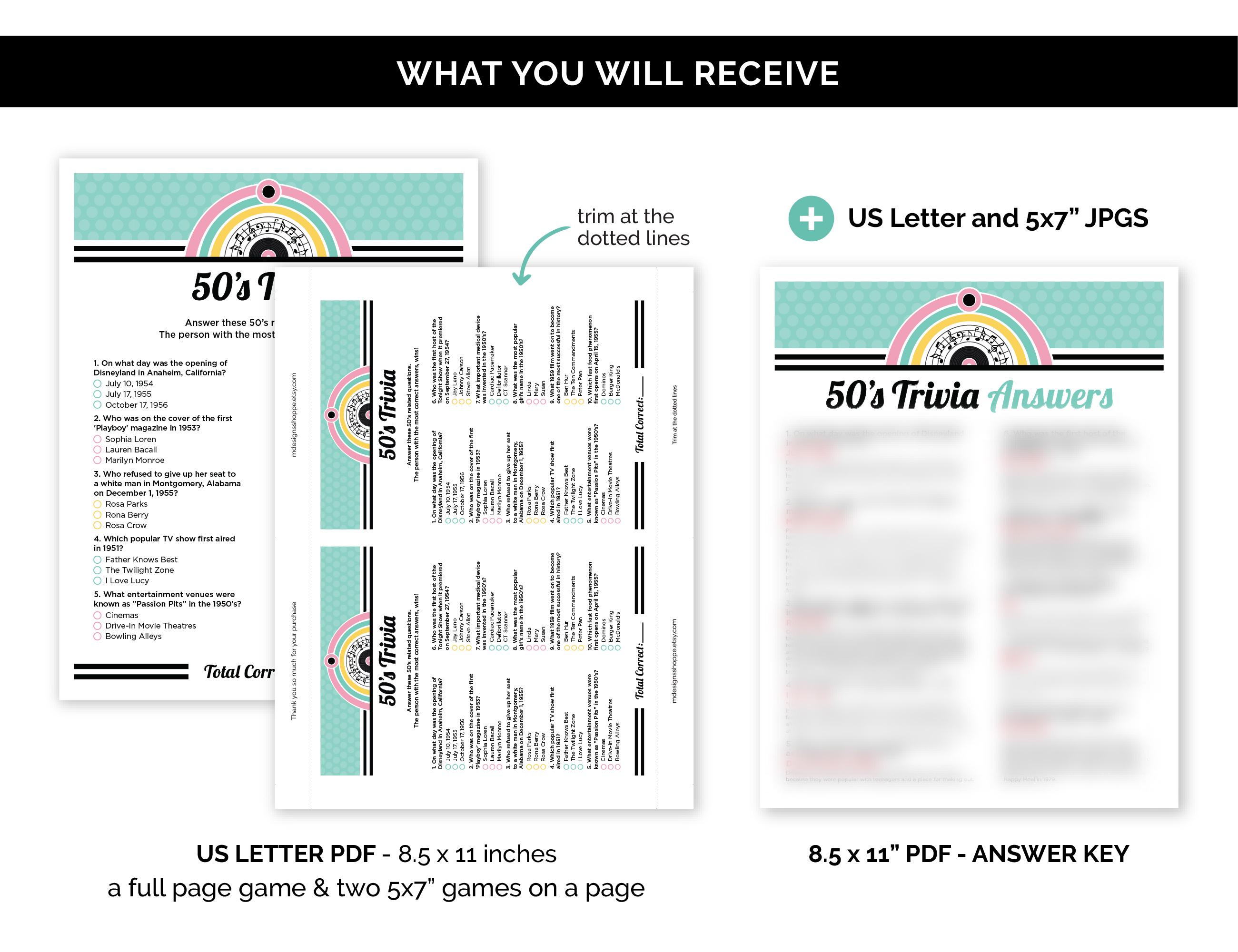 50's Trivia Game, Printable Quiz With Answers for a 50s Theme Party ...