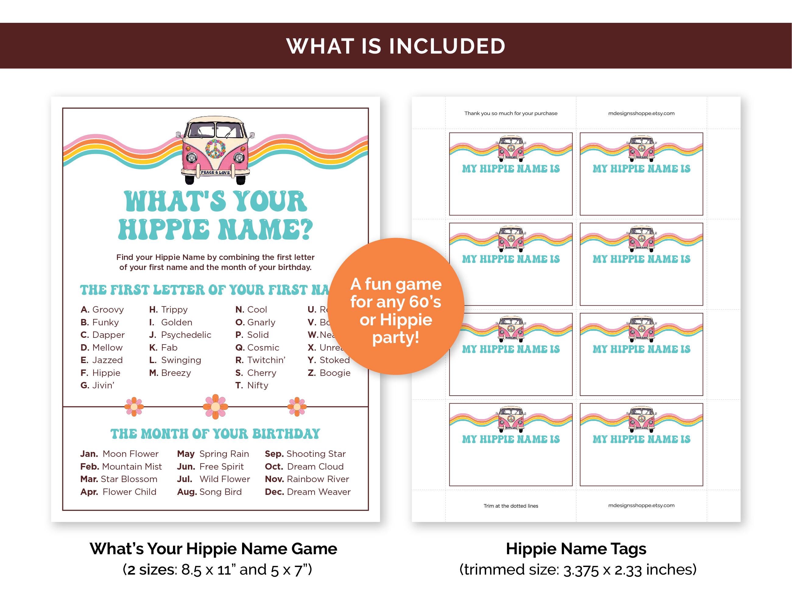 What's Your Hippie Name, Printable Hippie 60s Party Game, Hippie Name ...