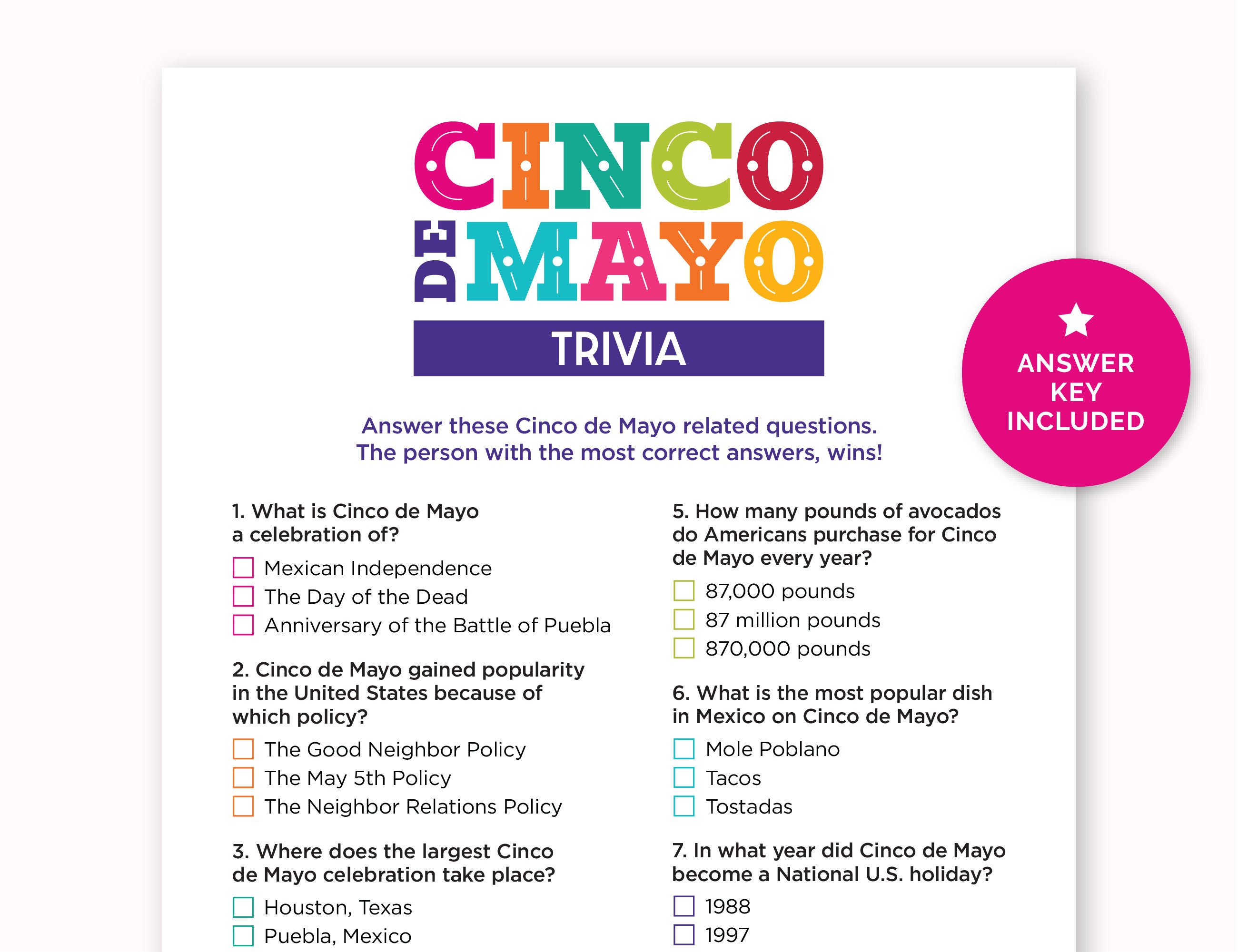 Cinco De Mayo Trivia Game, Printable Quiz With Answers for a Mexican ...