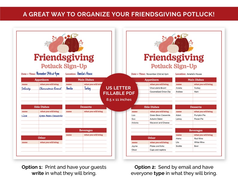 Friendsgiving Potluck Sign-up Sheet, Food Sign-up Fillable PDF Template ...