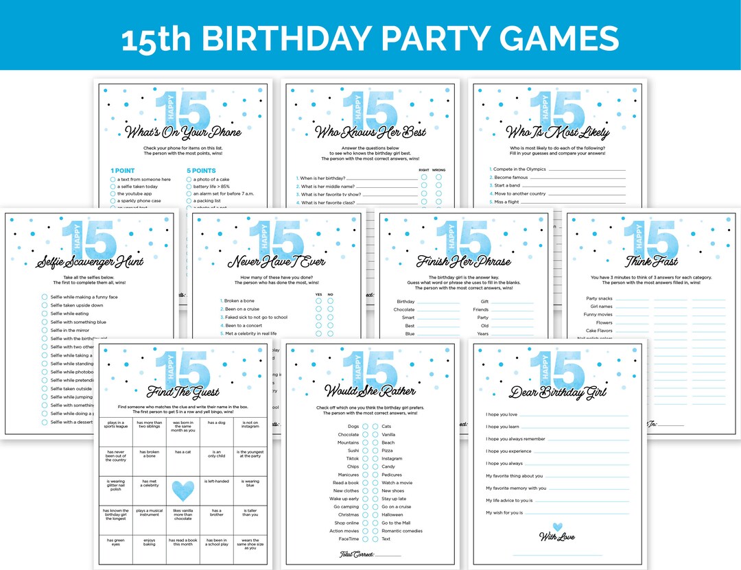 Blue 15th Birthday Party Games, Printable Games for a 15-year-old Girl ...