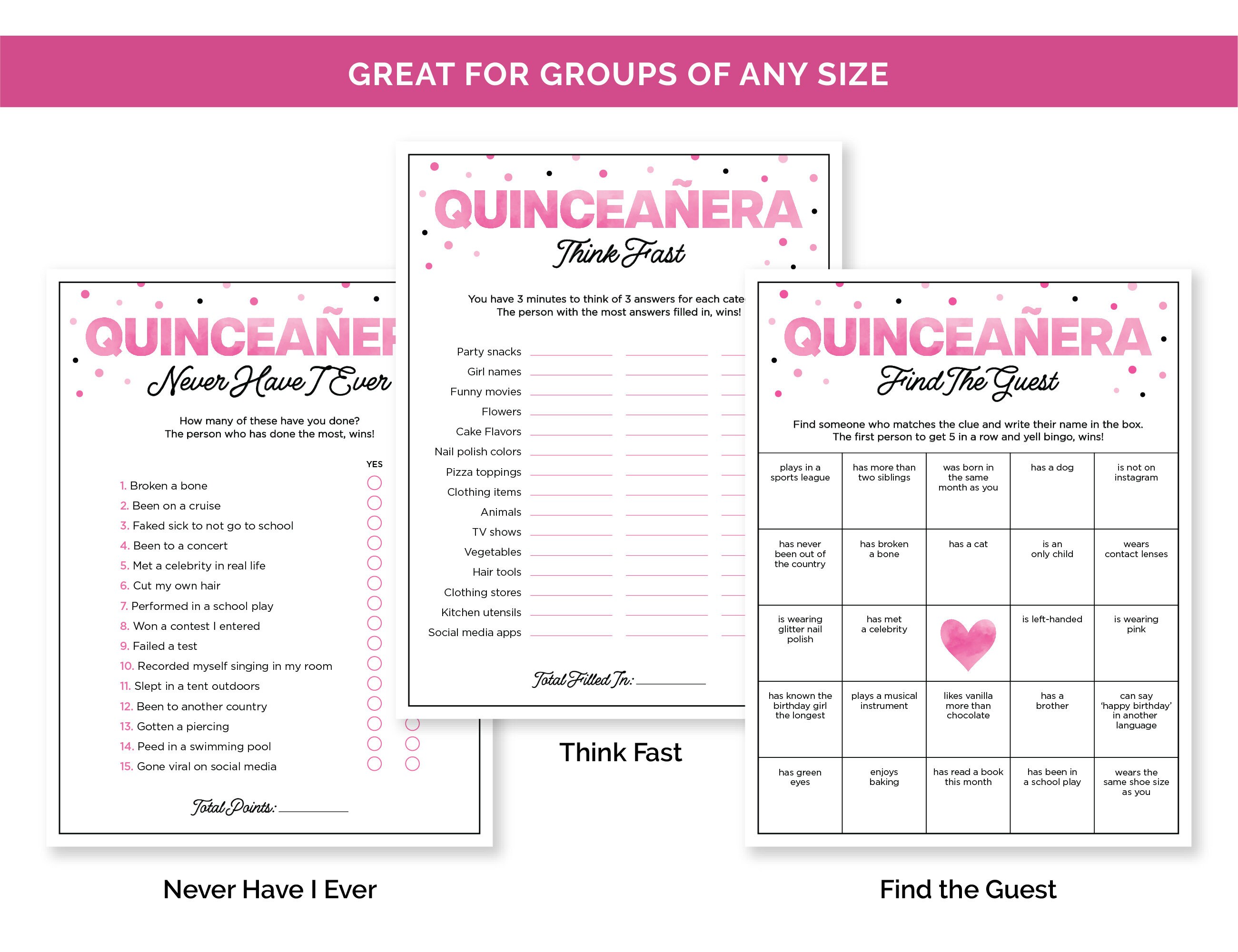 Quinceañera Games for Girls, Printable 15th Birthday Game Bundle, Pink ...