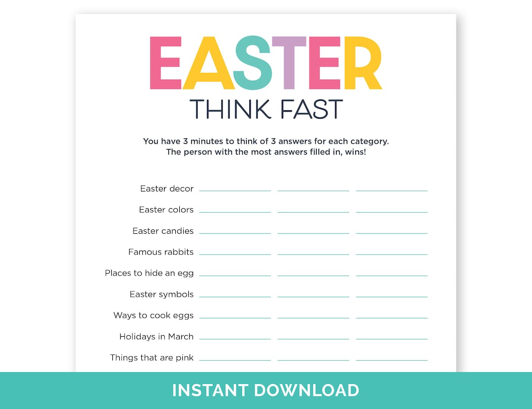 Easter Think Fast Game, Printable Quick Think Easter Party Game for ...