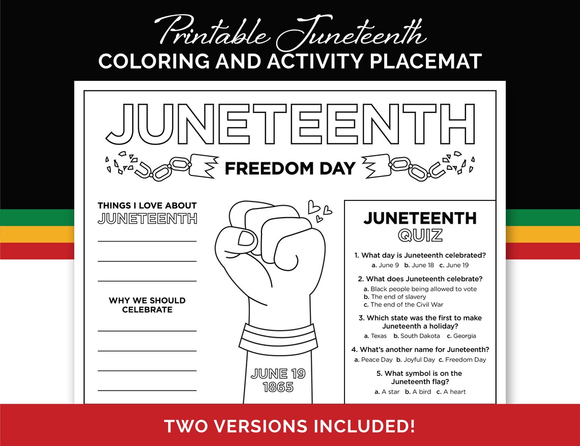 Juneteenth Kids Coloring and Activities Page, Printable Kids Activity ...