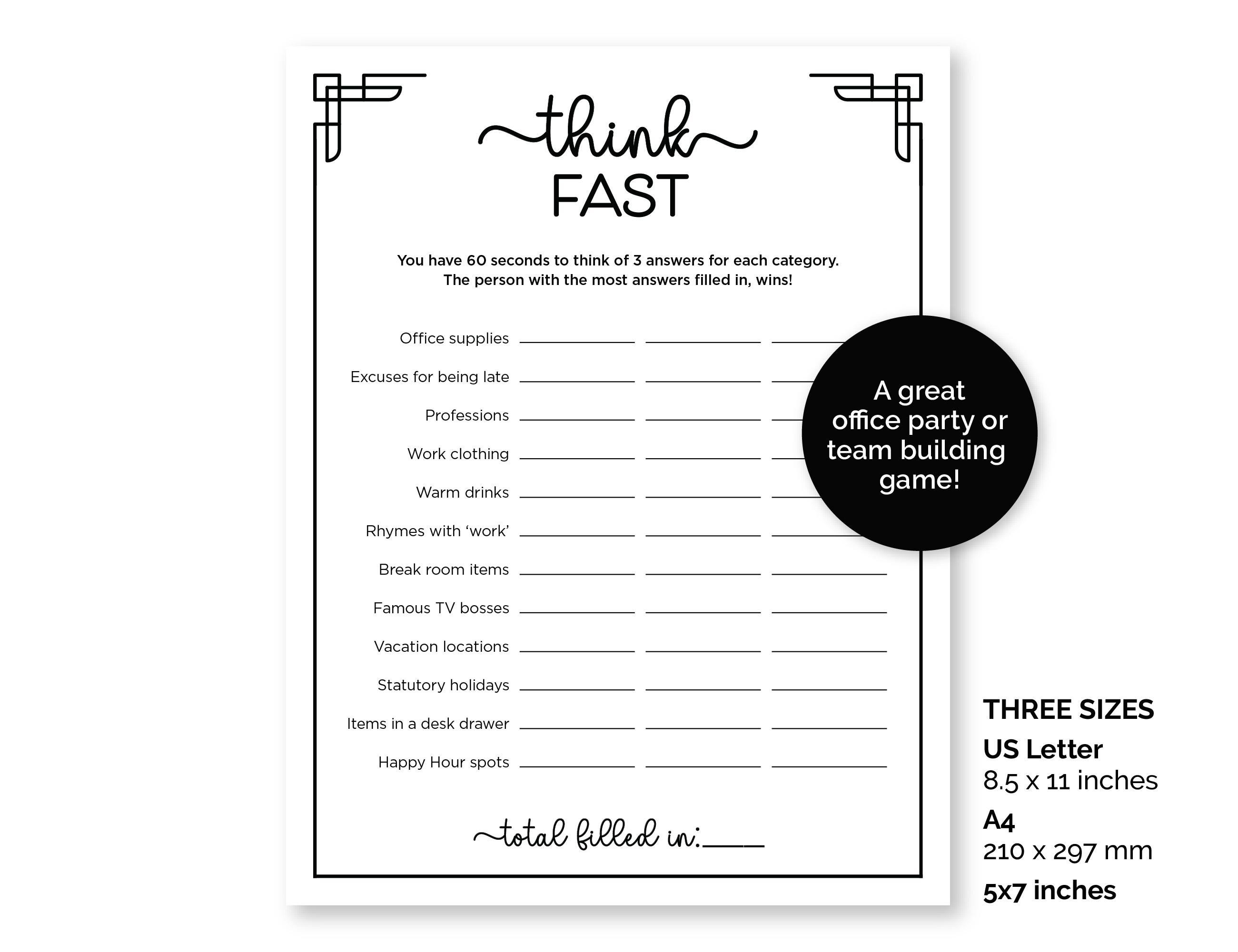 Office Think Fast Game, Printable Quick Think Game for an Office Party ...