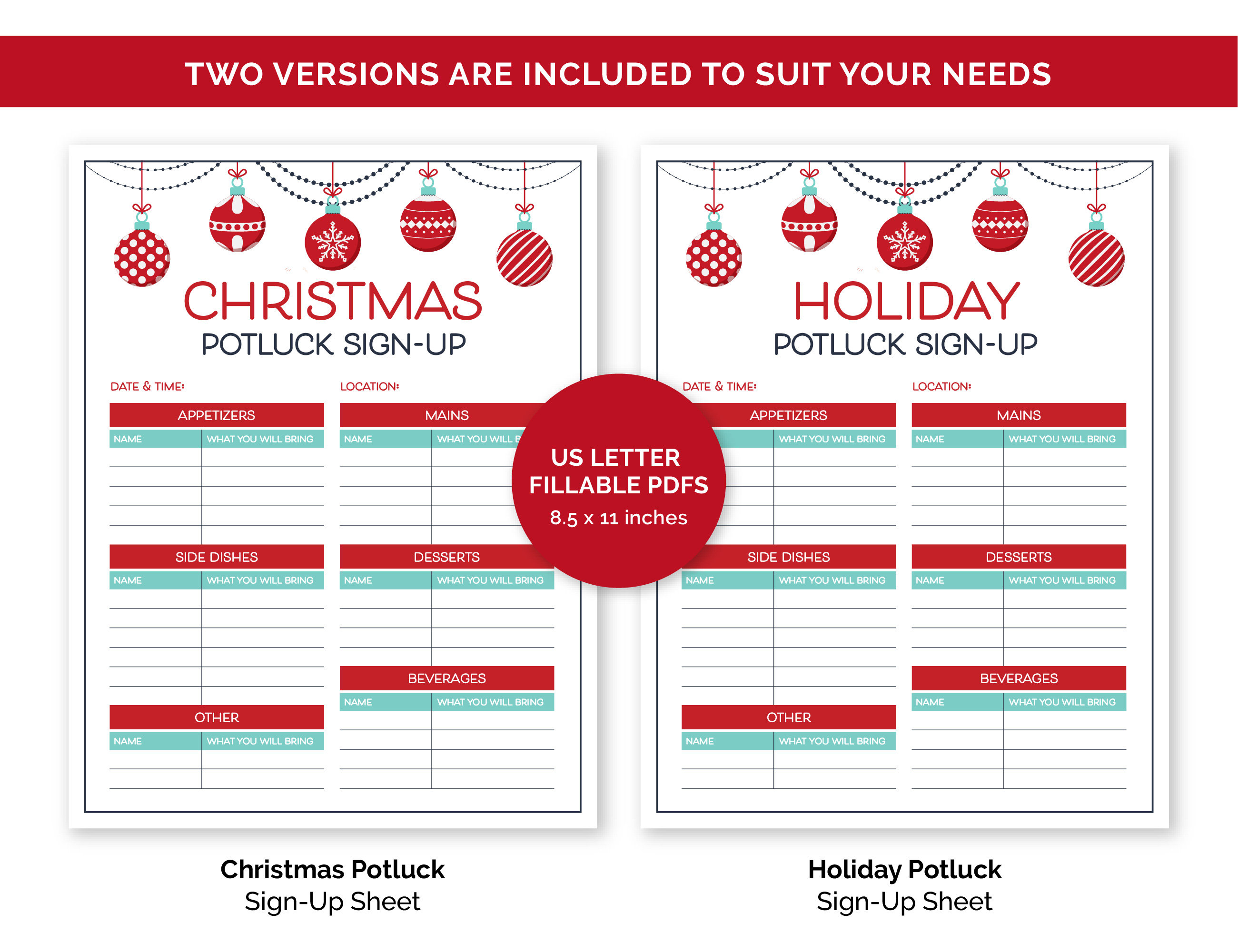 Christmas Potluck Sign-up Sheet, Food Signup Fillable PDF for an Office ...