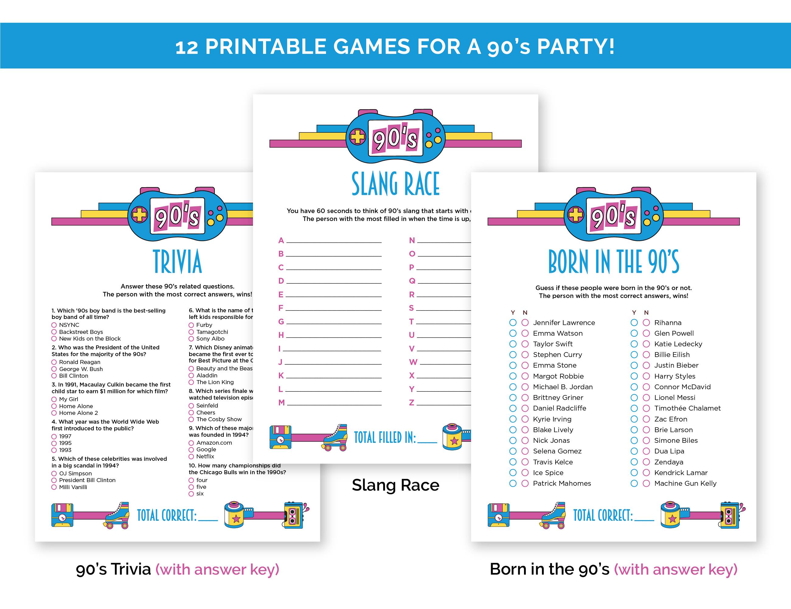 90s Party Games, Printable Game Bundle for a 90s Theme Party, Games for ...