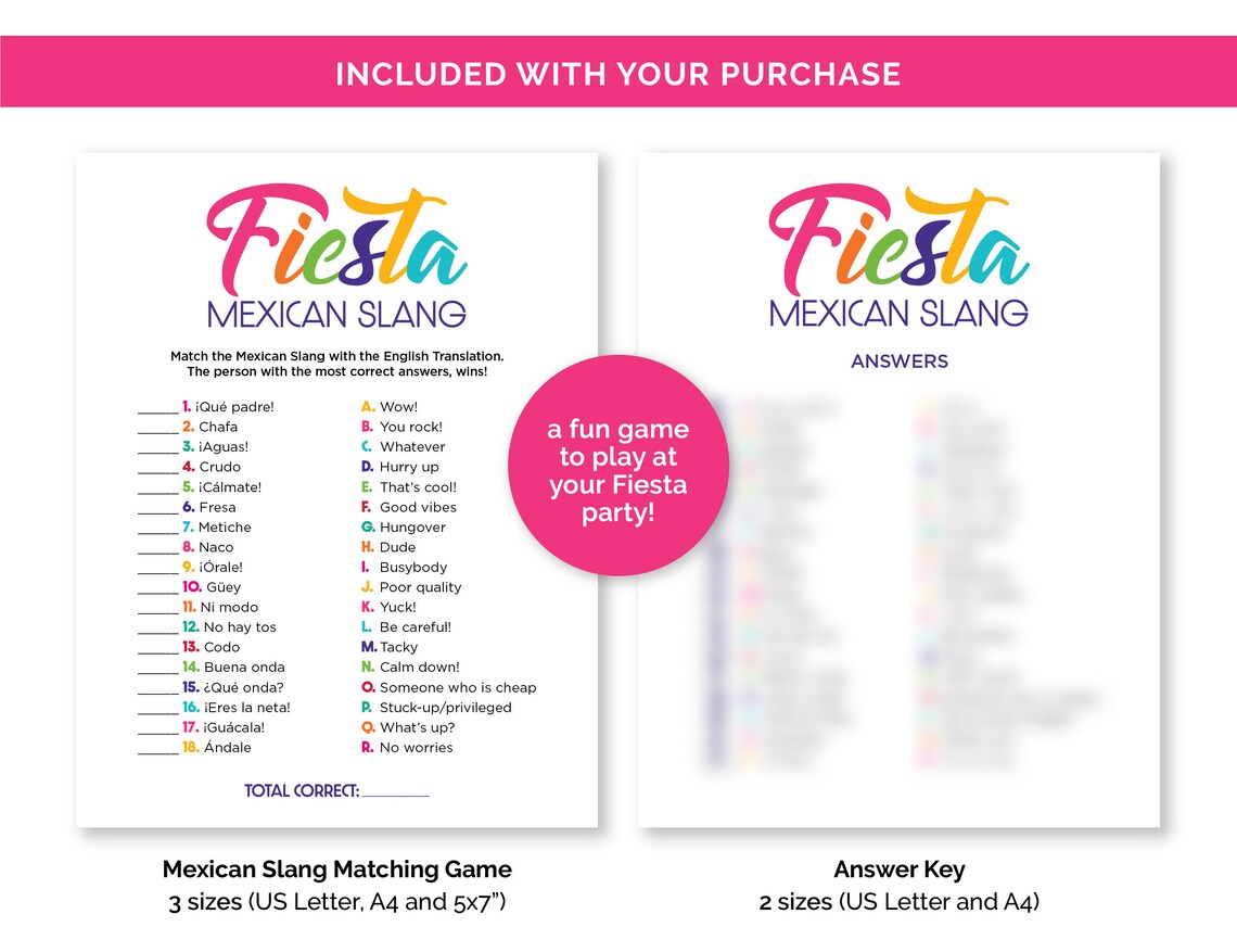 Fiesta Mexican Slang Game, Printable Trivia Game for a Fiesta Birthday ...