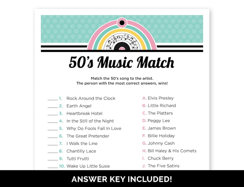 50's Music Match, Music Trivia Game for a 50's Theme Party, 1950's ...