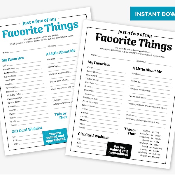Favorite Things Questionnaire for Coworkers - Etsy