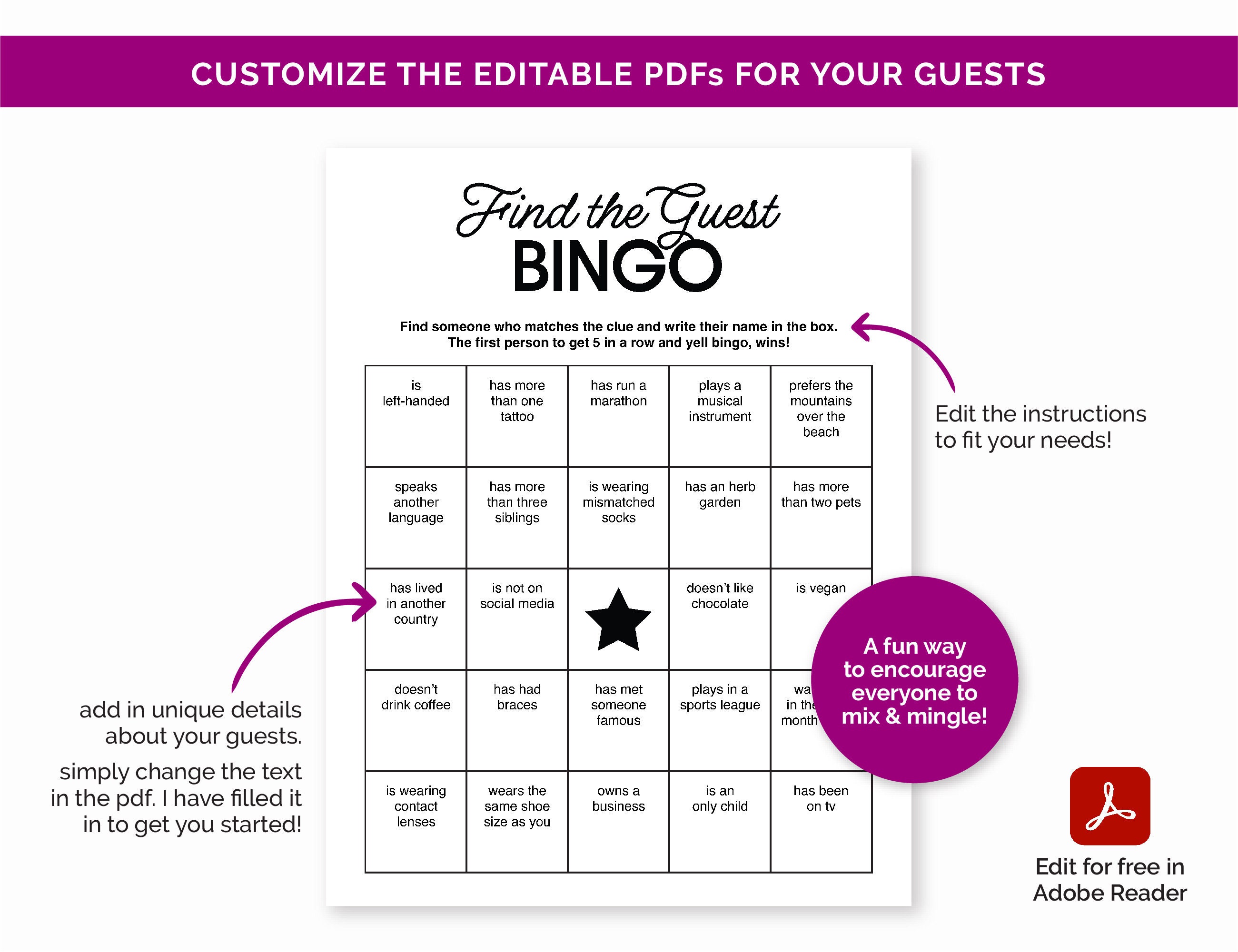 Editable Find the Guest Bingo, Icebreaker Game for Parties, Find ...