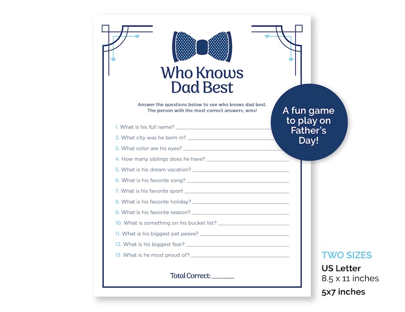 Who Knows Dad Best, Printable Father' Day Trivia Game, How Well Do You ...
