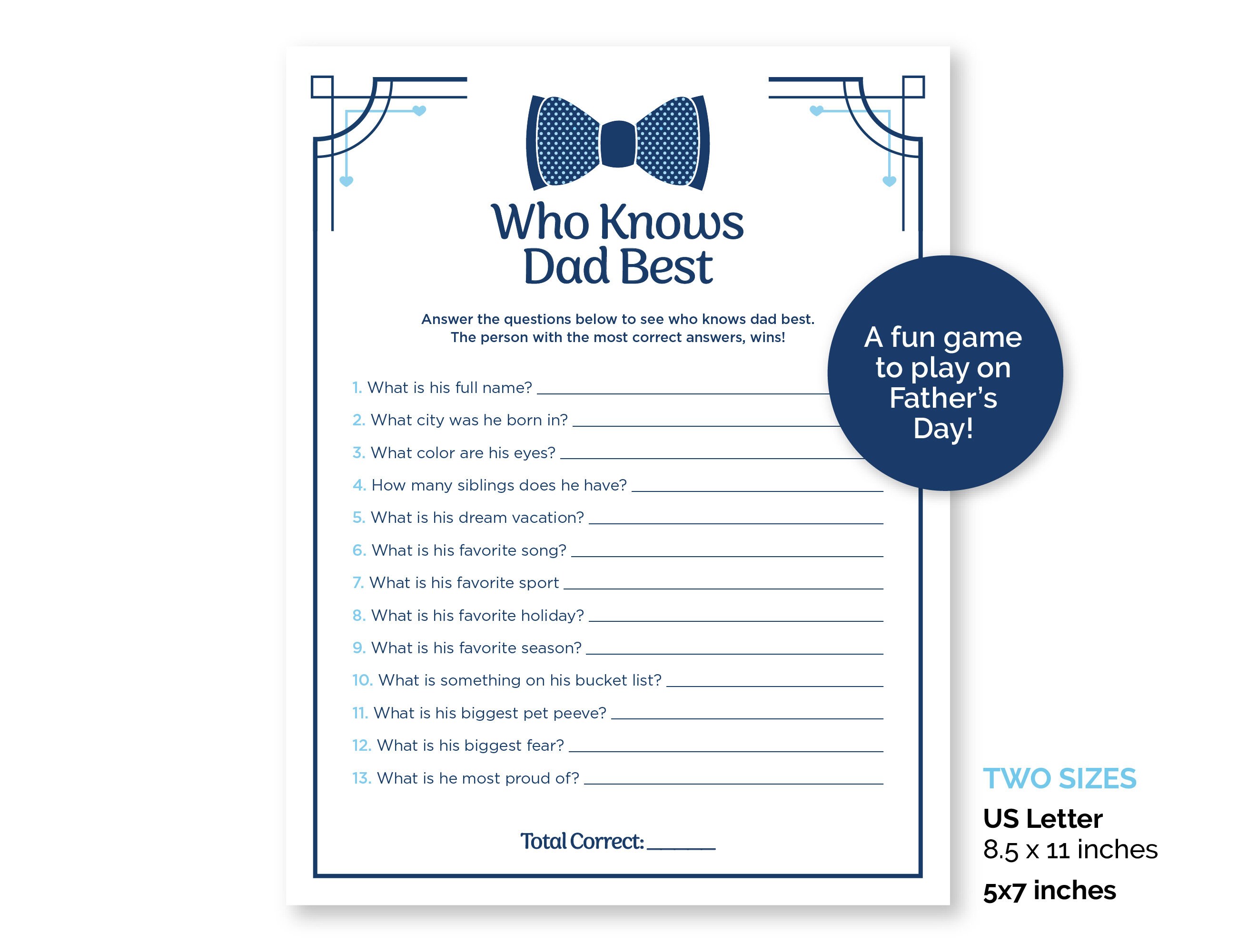Who Knows Dad Best, Printable Father' Day Trivia Game, How Well Do You ...