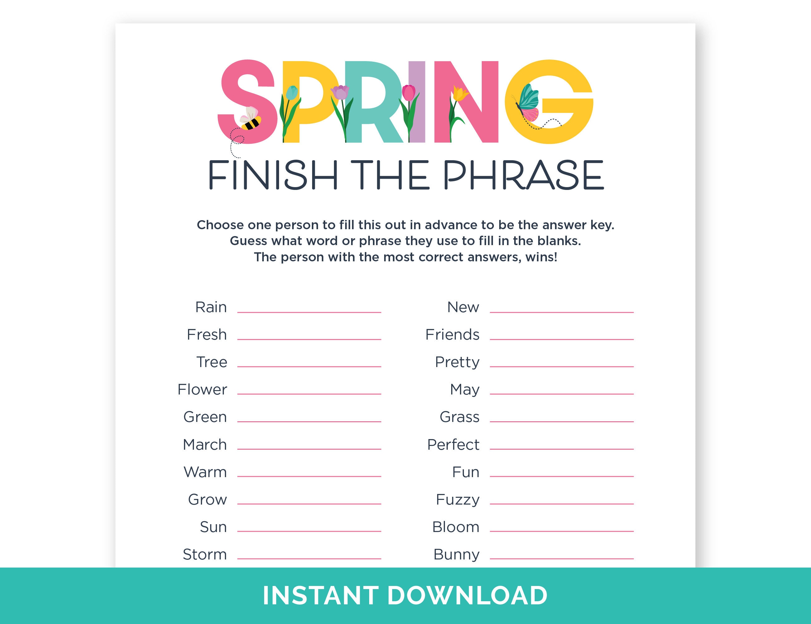 Spring Finish the Phrase, Printable Spring Party Game for Kids & Adults ...