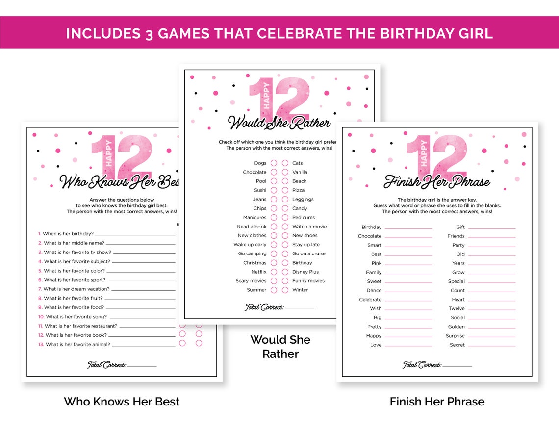 12th Birthday Party Games, Printable Birthday Game Bundle With Birthday ...