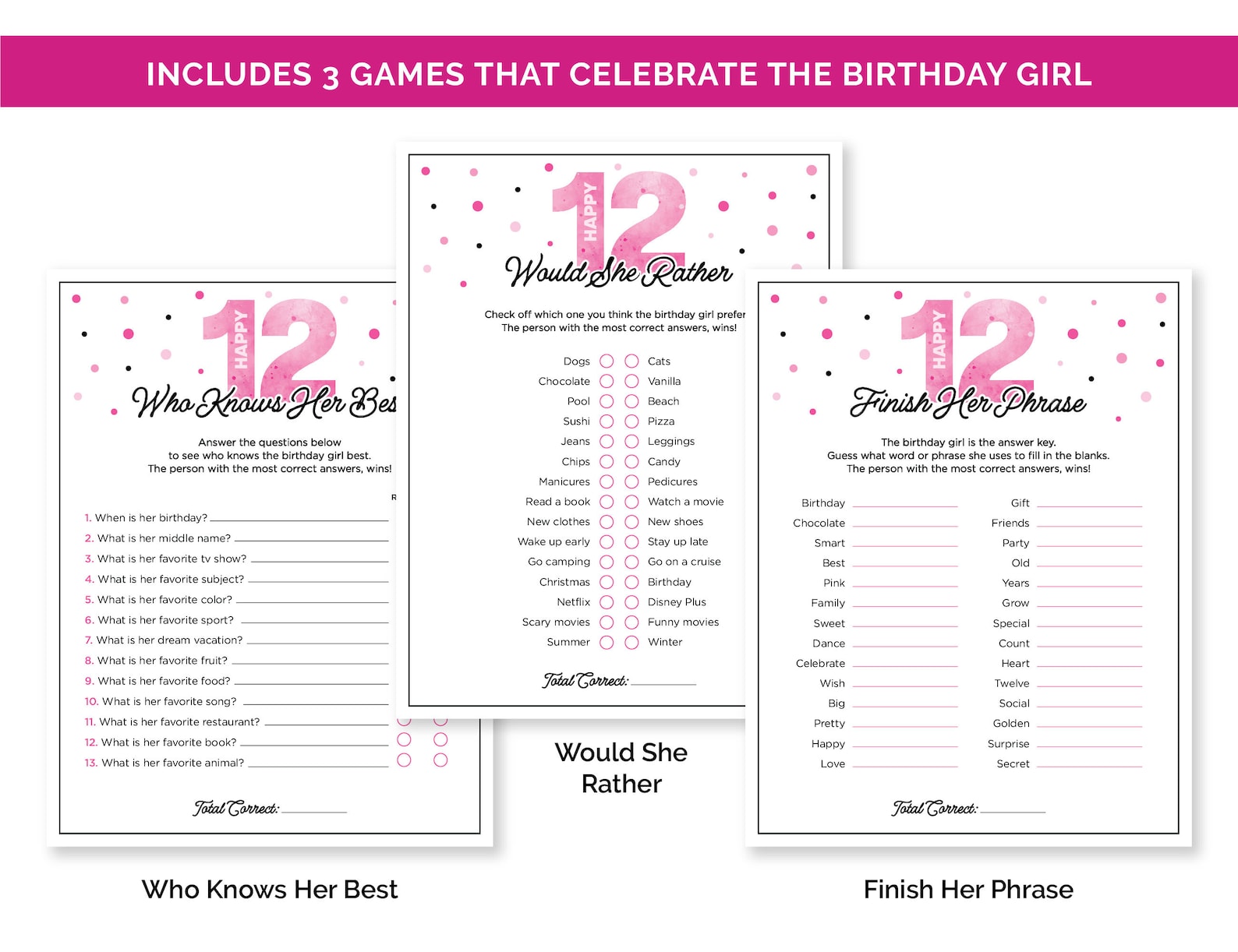 12th Birthday Party Games, Printable Birthday Game Bundle With Birthday ...