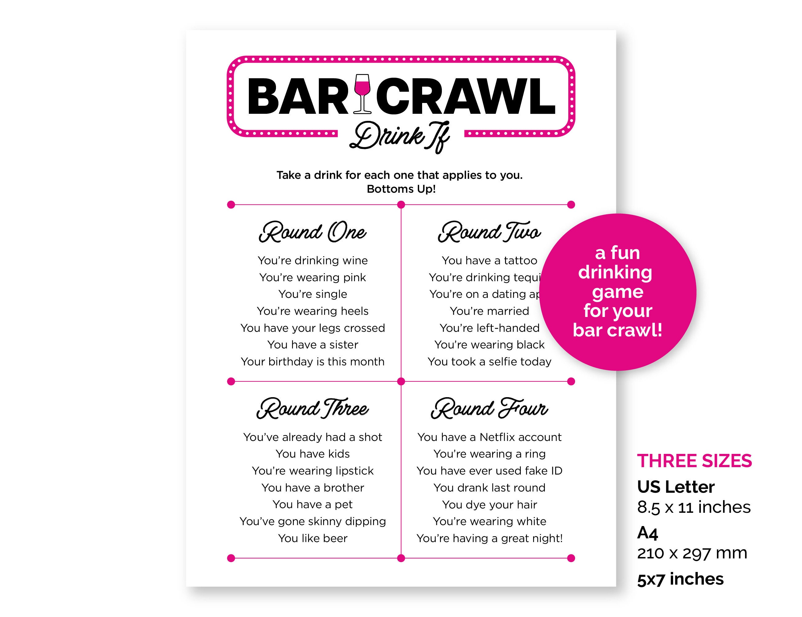 Bar Crawl Drink If Game, Printable Drinking Game for a Birthday Bar ...