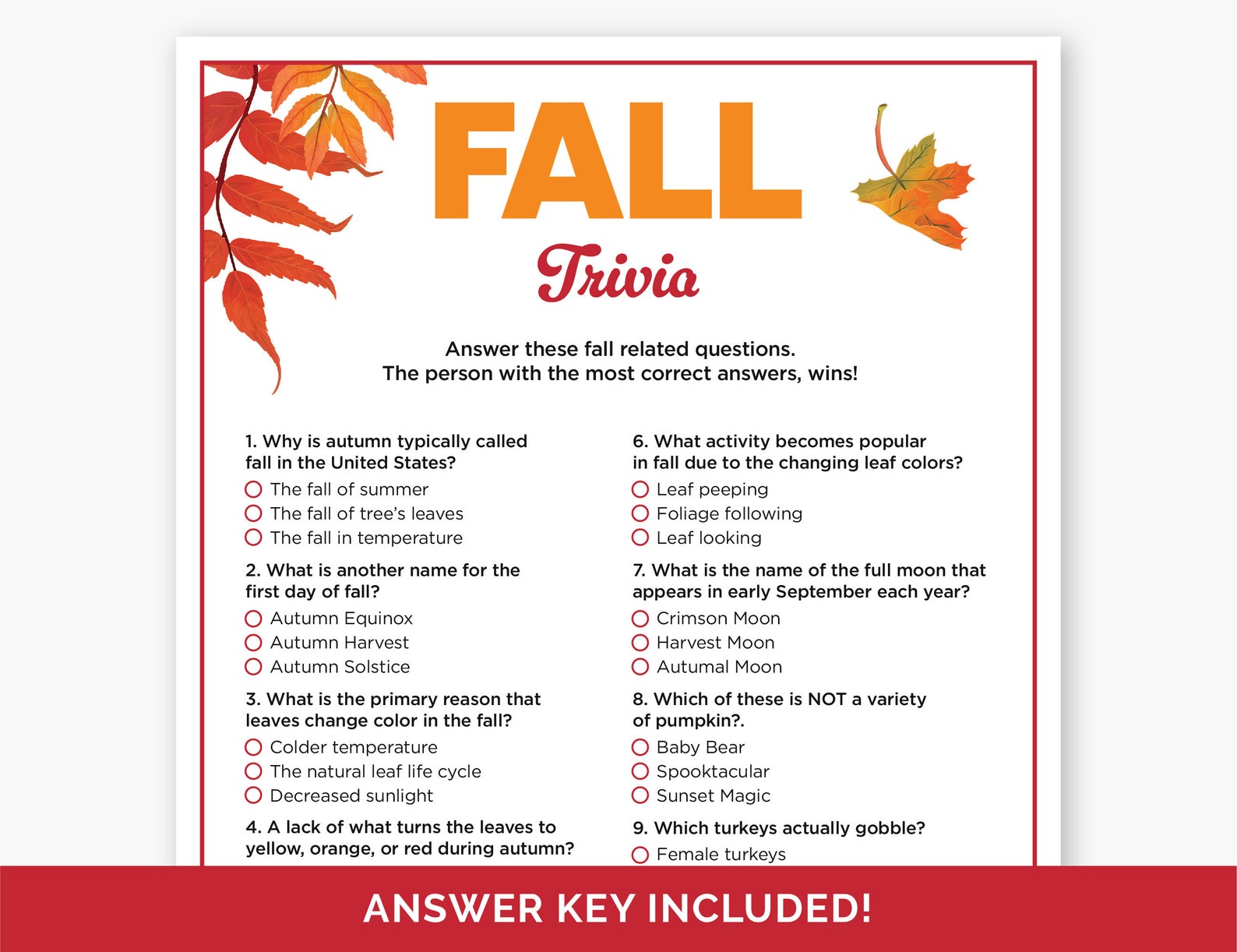 Fall Trivia Game, Printable Autumn Quiz for Adults, Teens and Kids ...