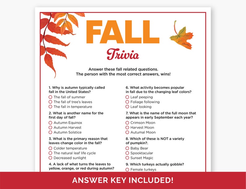 Fall Trivia Game, Printable Autumn Quiz for Adults, Teens and Kids ...