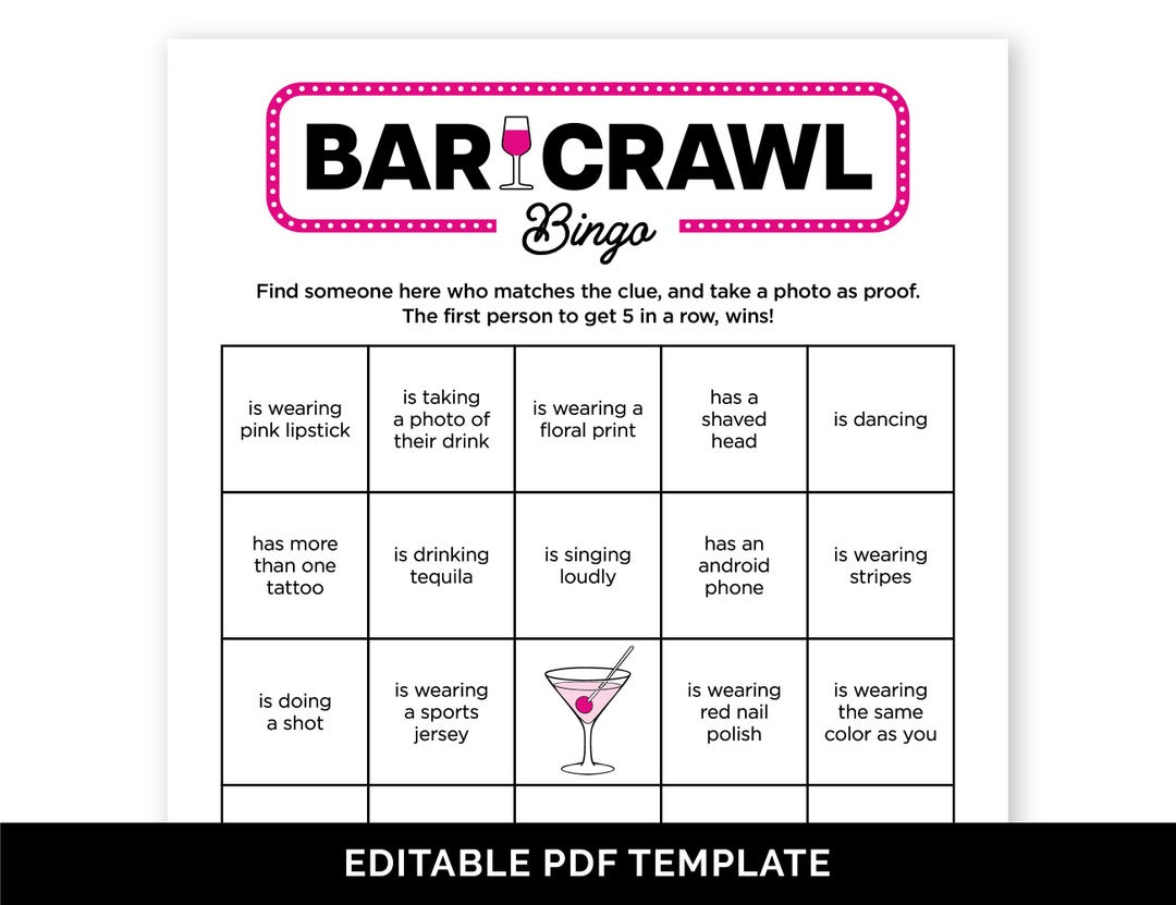 Editable Bar Crawl Bingo Game, Printable Find Someone Who Bar Hopping ...
