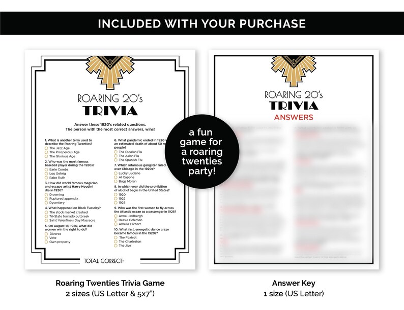 1920's Trivia Game, Printable Quiz With Answers for a Roaring Twenties ...
