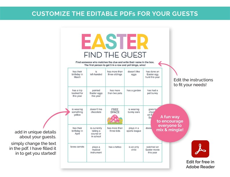 Editable Easter Find the Guest Bingo, Icebreaker Game for an Easter ...
