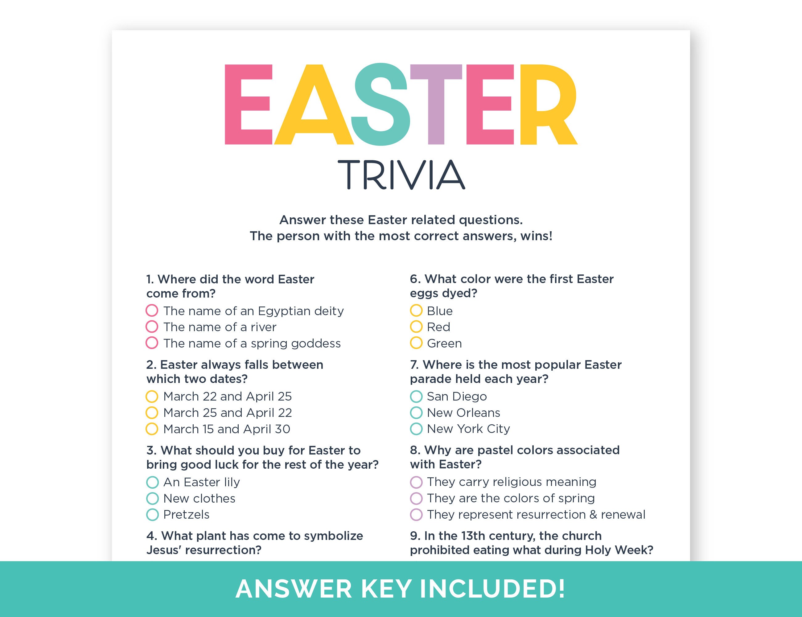Easter Trivia Game, Printable Quiz With Answers for a Family or ...