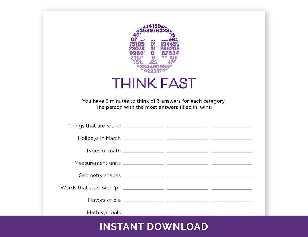 Pi Day Think Fast, Printable Quick Think Pi Day Party Game for Adults ...