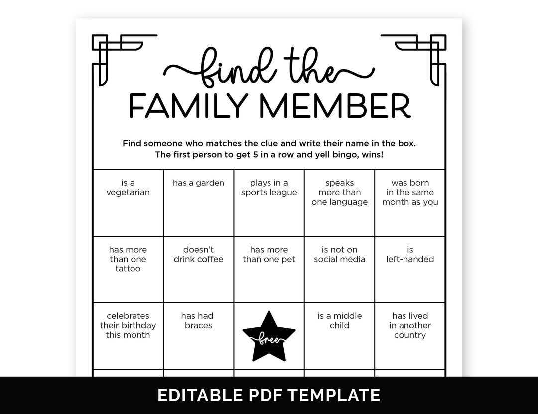 Editable Family Reunion Bingo Game, Find Someone Who Family Party Game ...