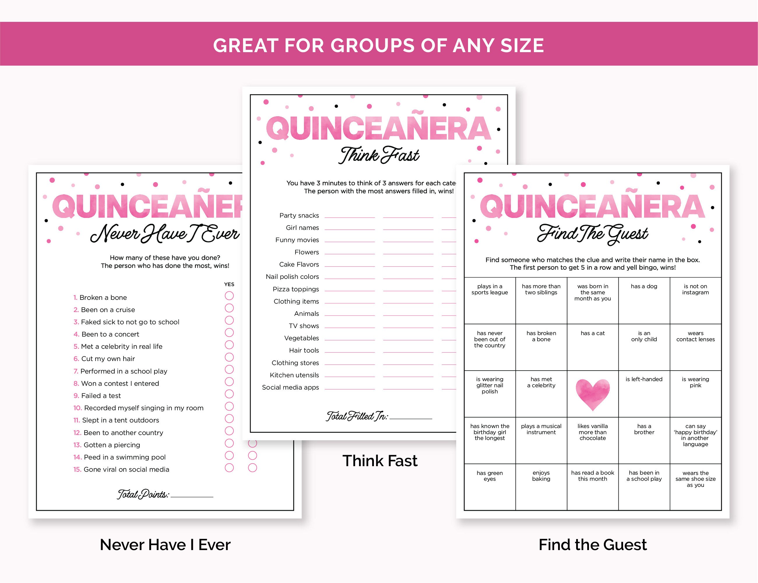 Quinceañera Games for Girls, Printable 15th Birthday Game Bundle, Pink ...