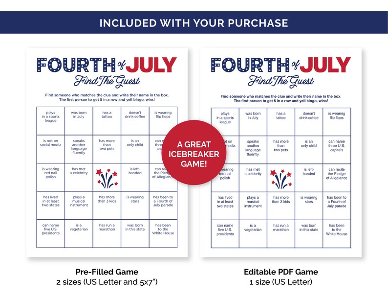 Fourth of July Find the Guest Bingo Game, Printable Party Game for a ...