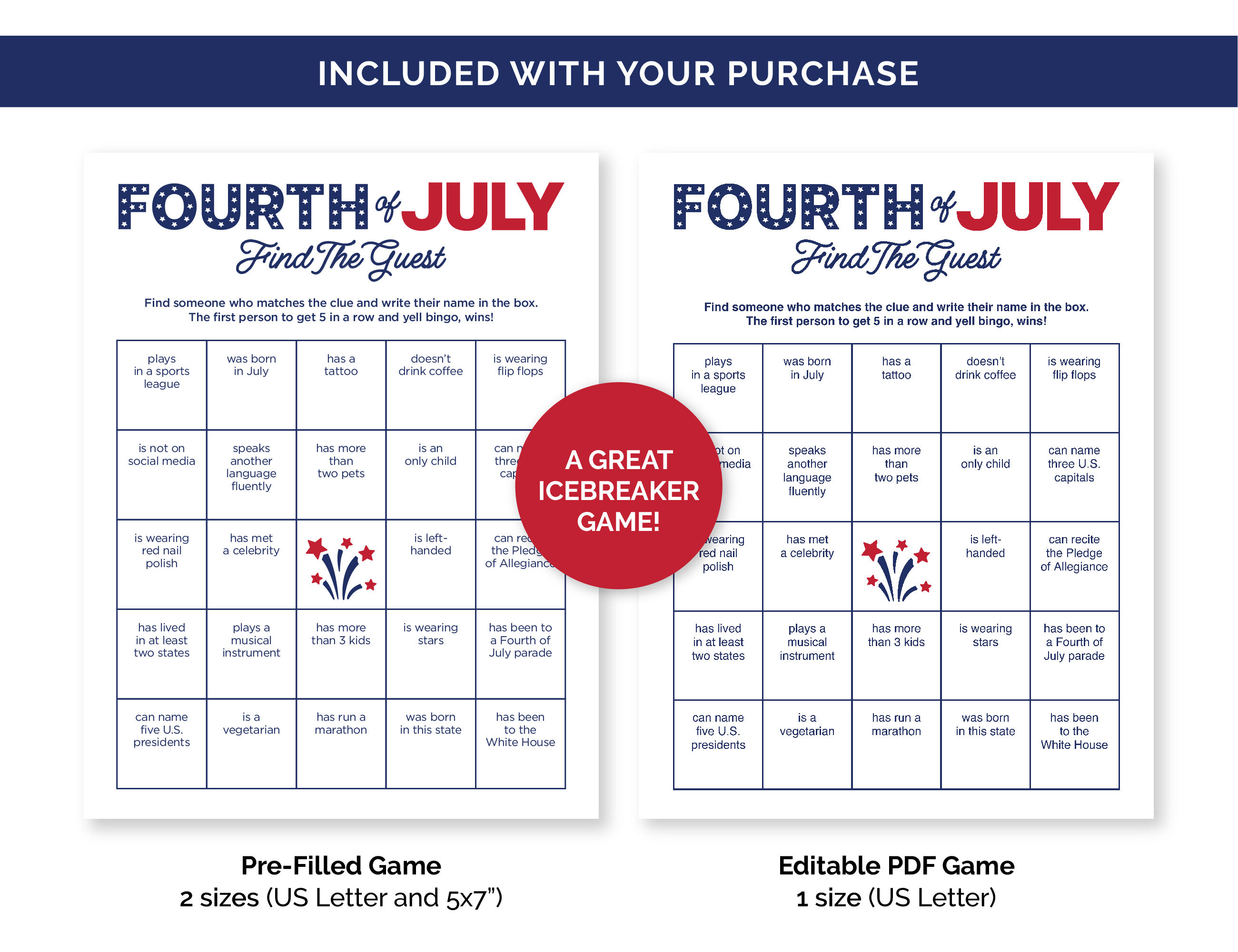 Fourth of July Find the Guest Bingo Game, Printable Party Game for a ...