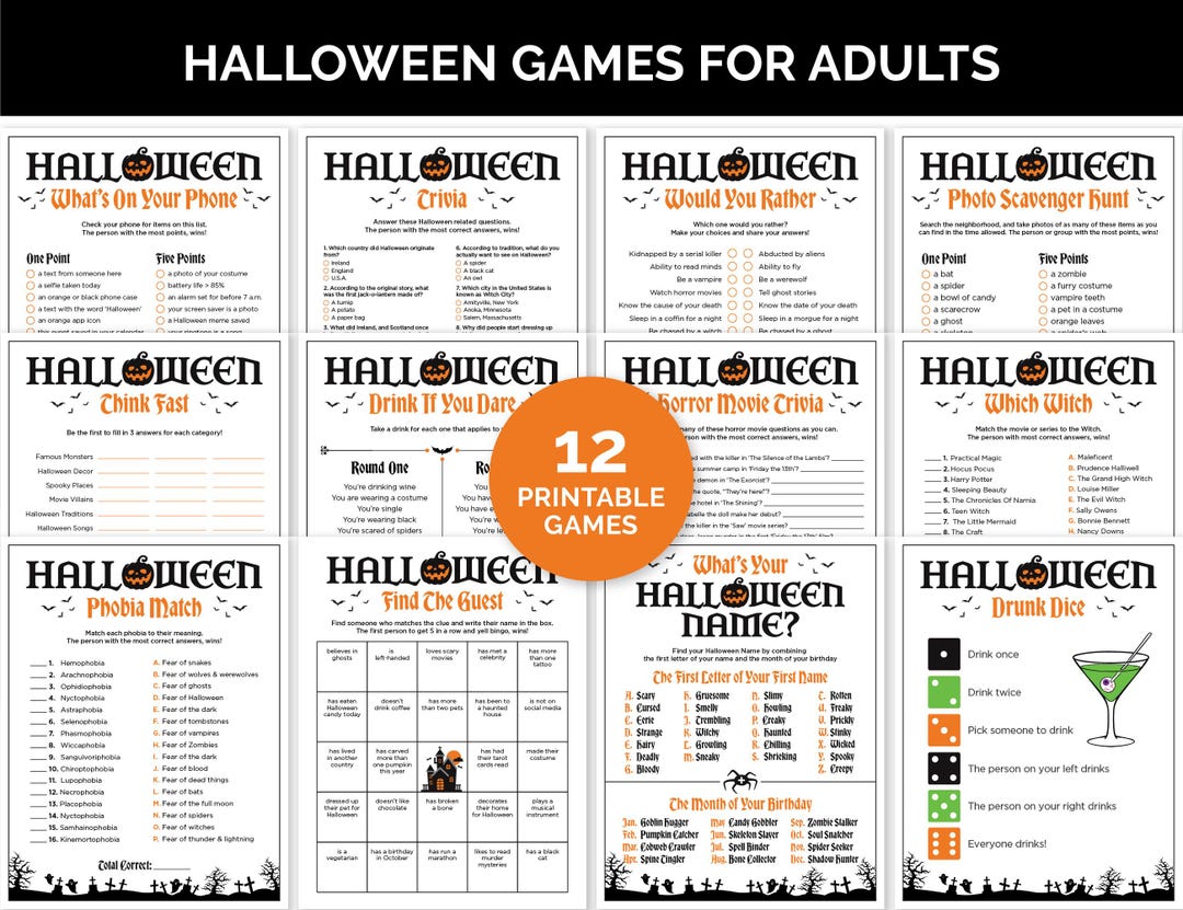 Halloween Party Games for Adults, Printable Games Bundle for a ...