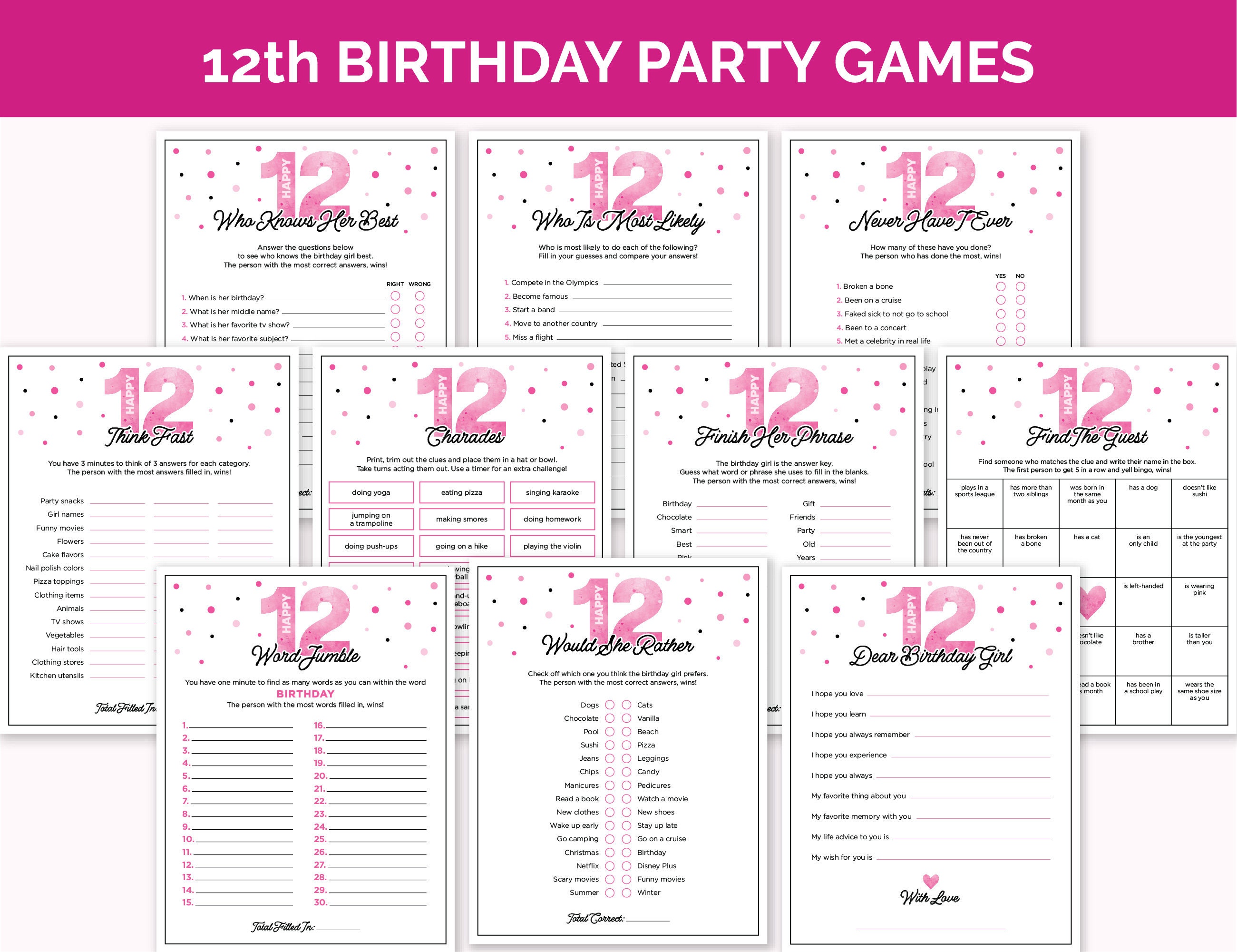 12th Birthday Party Games Printable Birthday Game Bundle With - Etsy