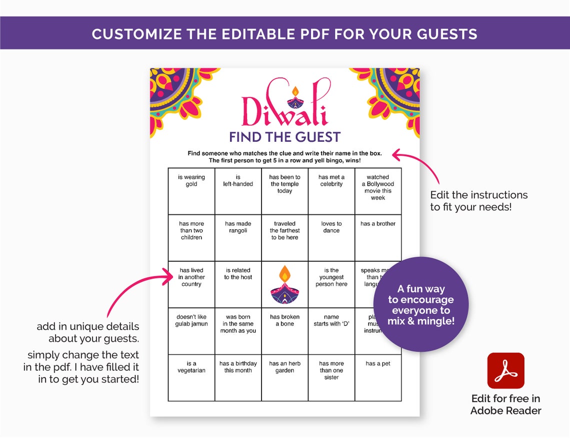 Editable Diwali Find the Guest Bingo Game, Diwali Party Mix and Mingle ...