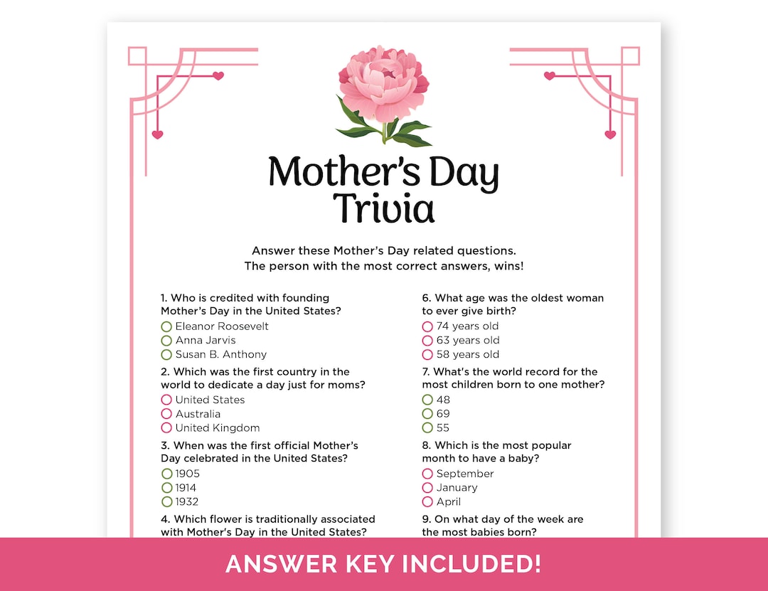 Mother's Day Trivia Game, Printable Mother's Day Quiz for Adults ...