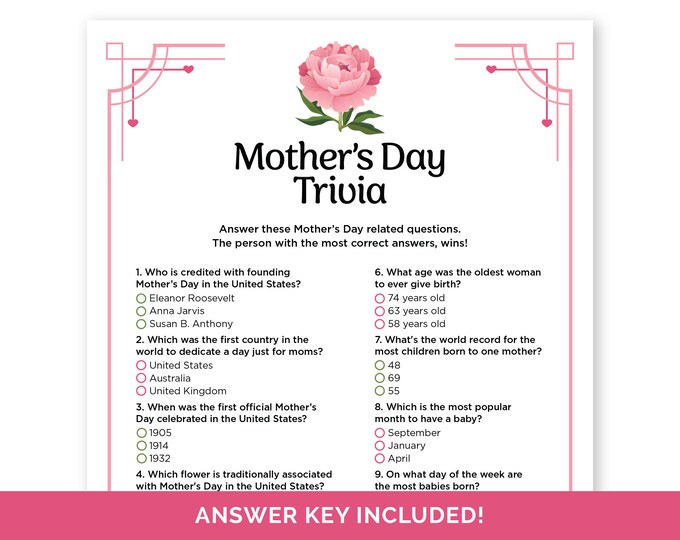 Mother's Day Trivia Quiz True or False Game Mother Day Trivia Game ...