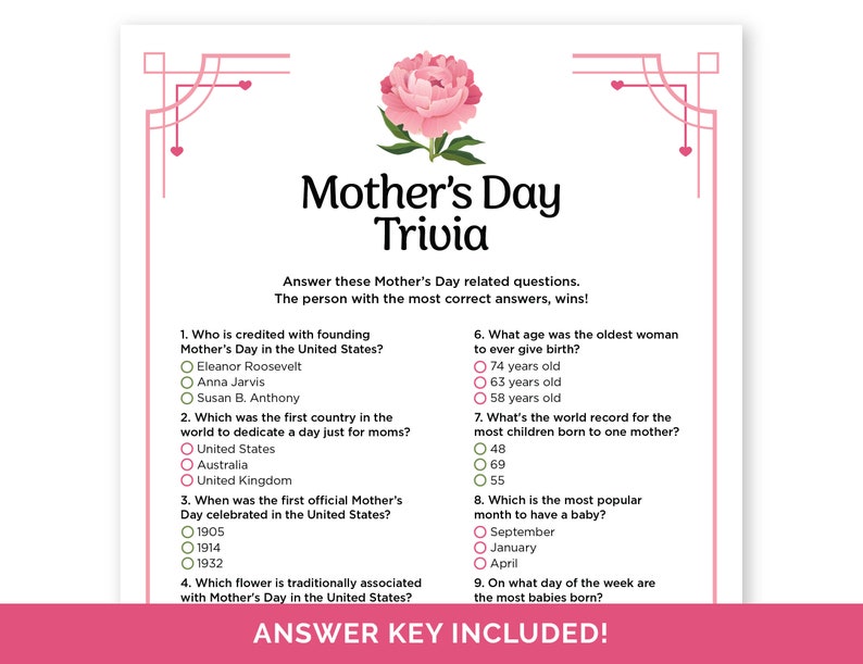Mother's Day Trivia Game, Printable Mother's Day Quiz for Adults ...