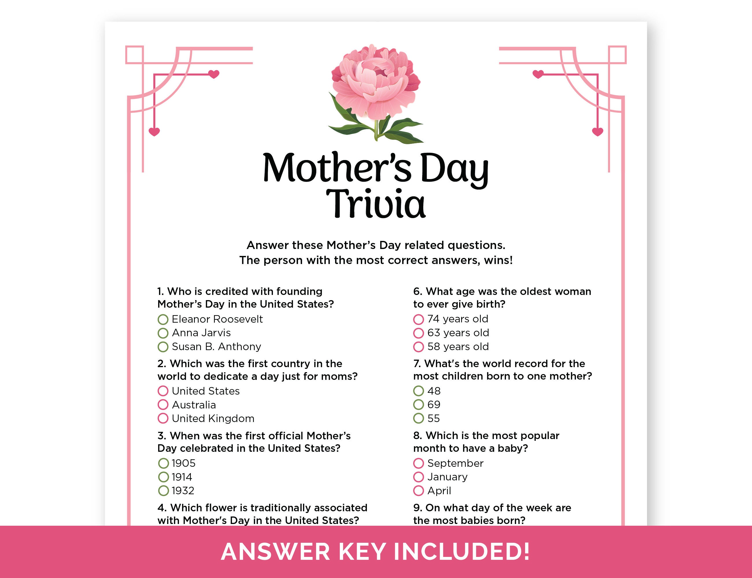 Mother's Day Trivia Game, Printable Mother's Day Quiz for Adults ...