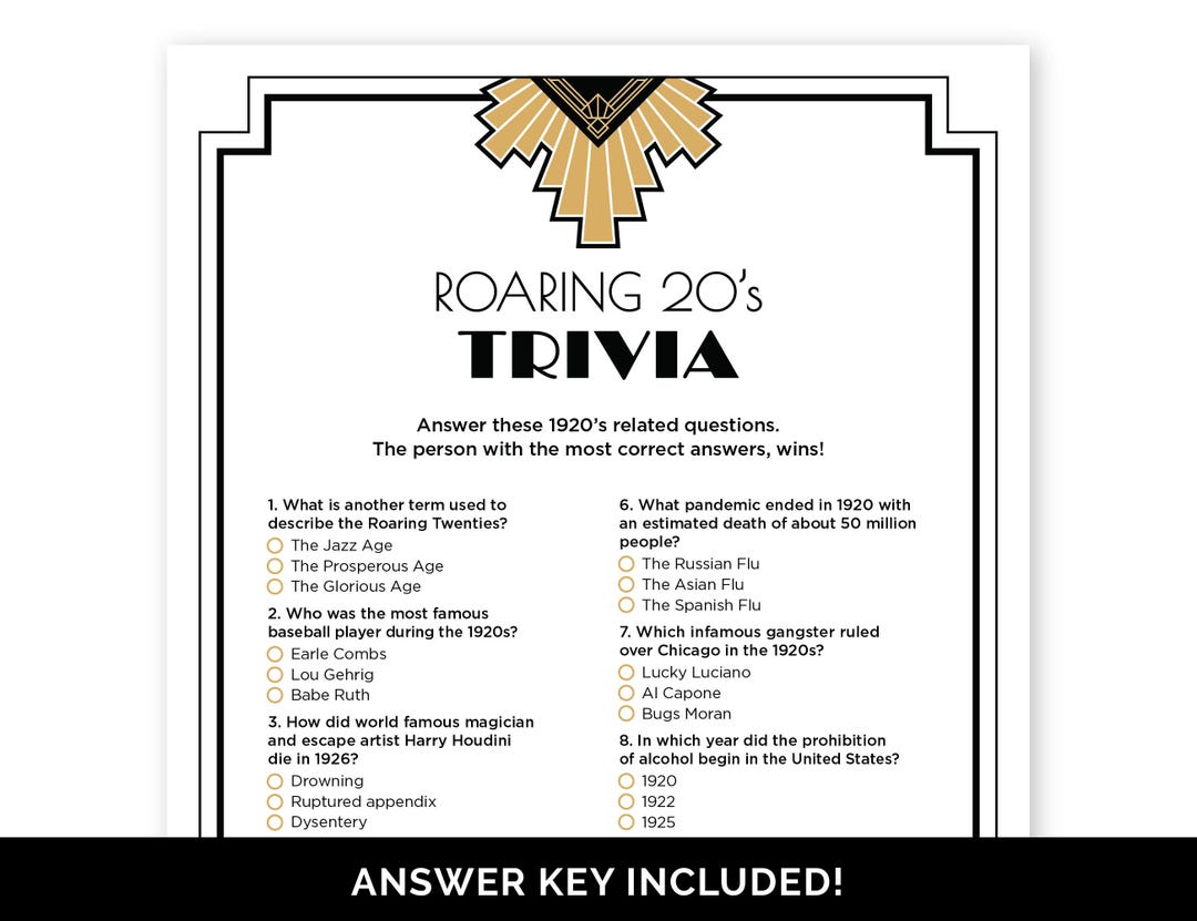 1920's Trivia Game, Printable Quiz With Answers for a Roaring Twenties ...