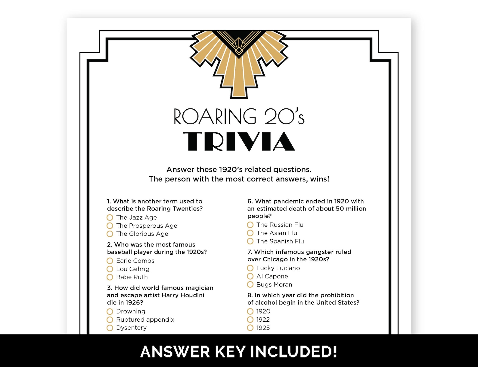 1920's Trivia Game, Printable Quiz With Answers for a Roaring Twenties ...