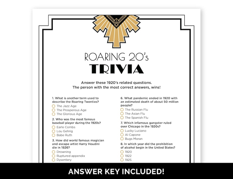 1920's Trivia Game, Printable Quiz With Answers for a Roaring Twenties ...