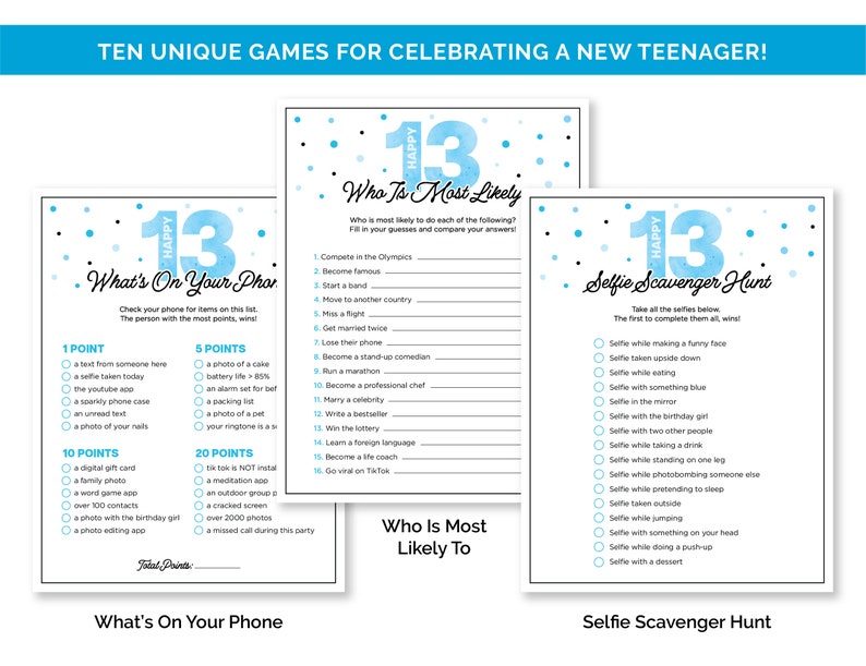 Blue 13th Birthday Party Games, Printable Thirteenth Birthday Games ...