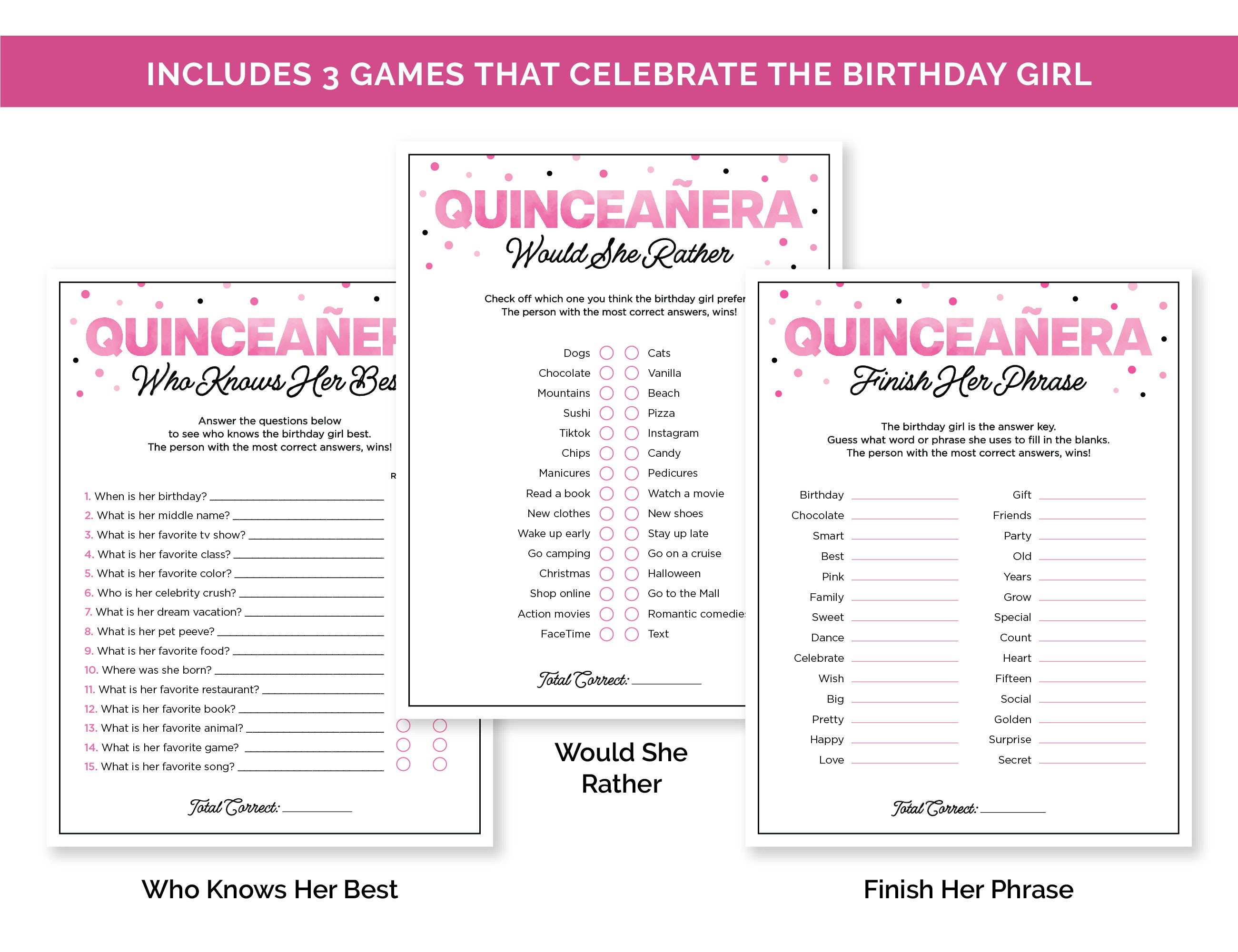 Quinceañera Games for Girls, Printable 15th Birthday Game Bundle, Pink ...
