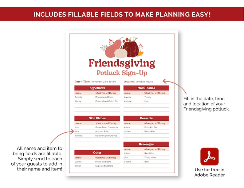 Friendsgiving Potluck Sign-up Sheet, Food Sign-up Fillable PDF Template ...