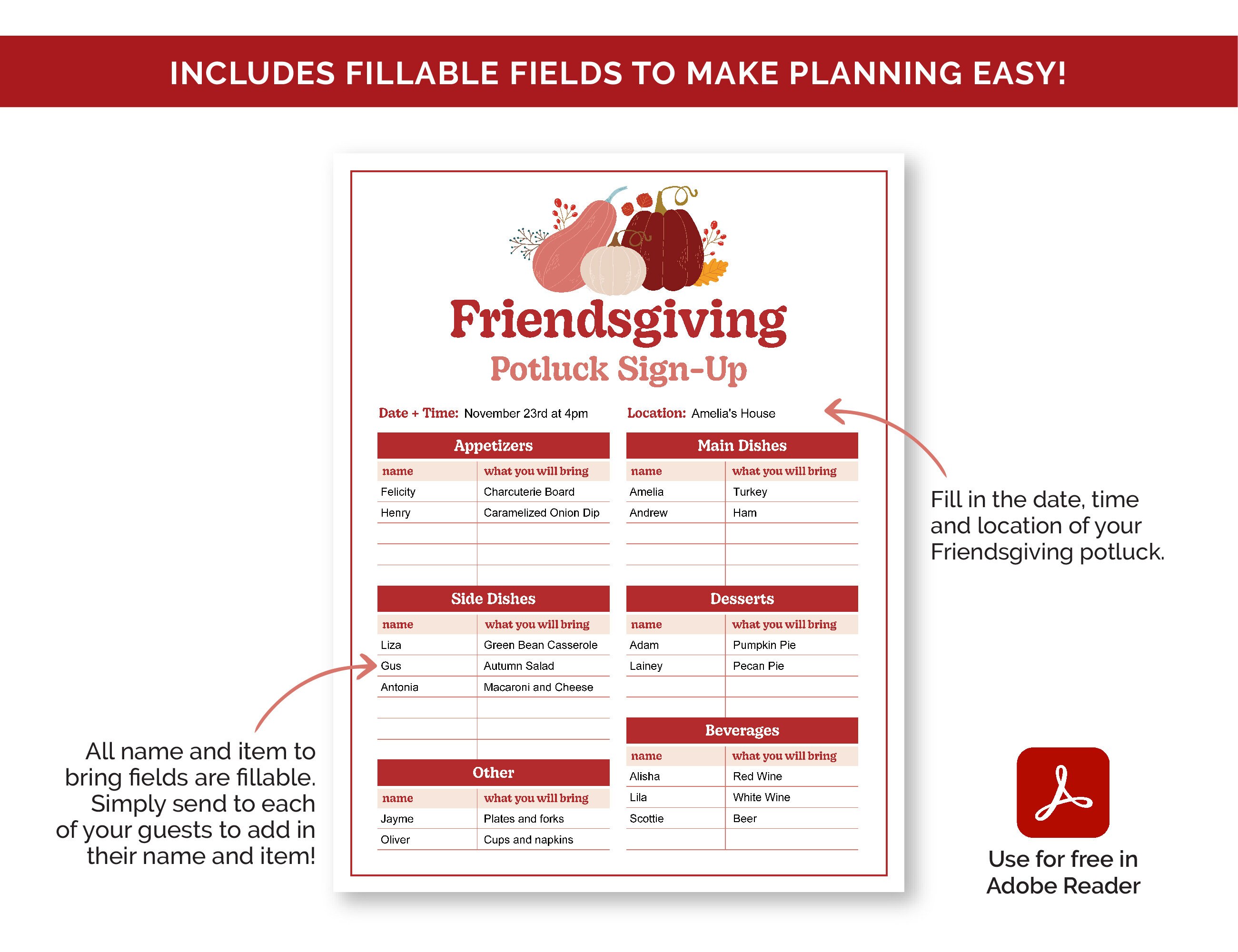 Friendsgiving Potluck Sign-up Sheet, Food Sign-up Fillable PDF Template ...
