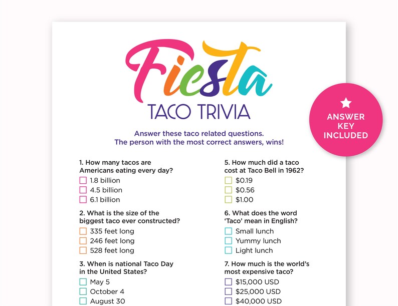 Fiesta Taco Trivia Game Printable Trivia Game for a Taco - Etsy