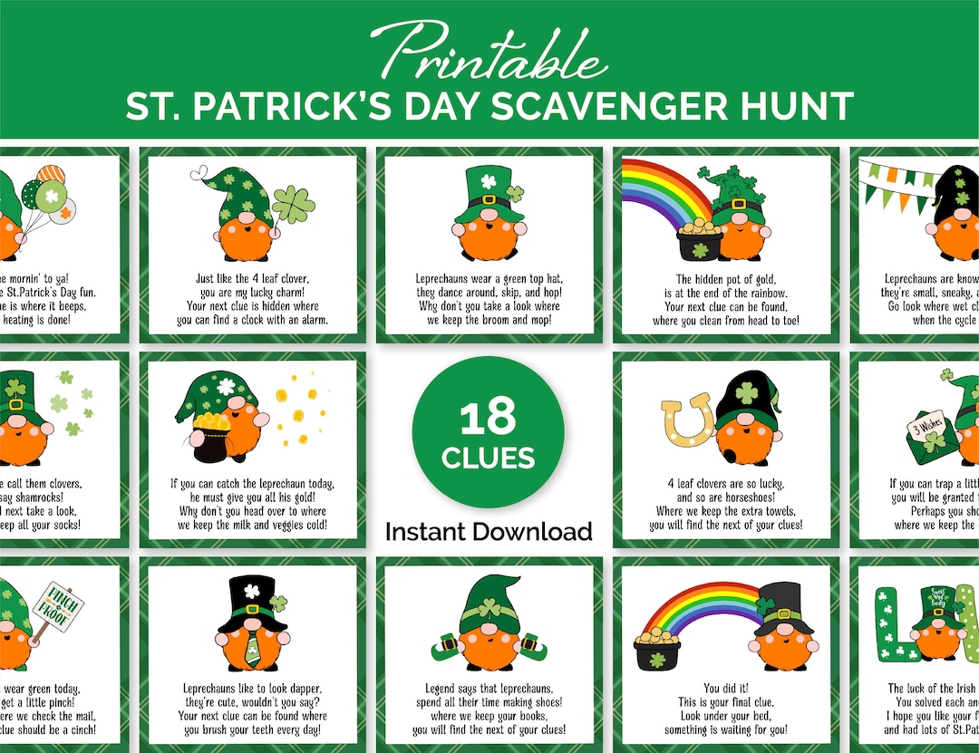St. Patrick's Day Scavenger Hunt for Kids, Printable Leprechaun Gnome ...