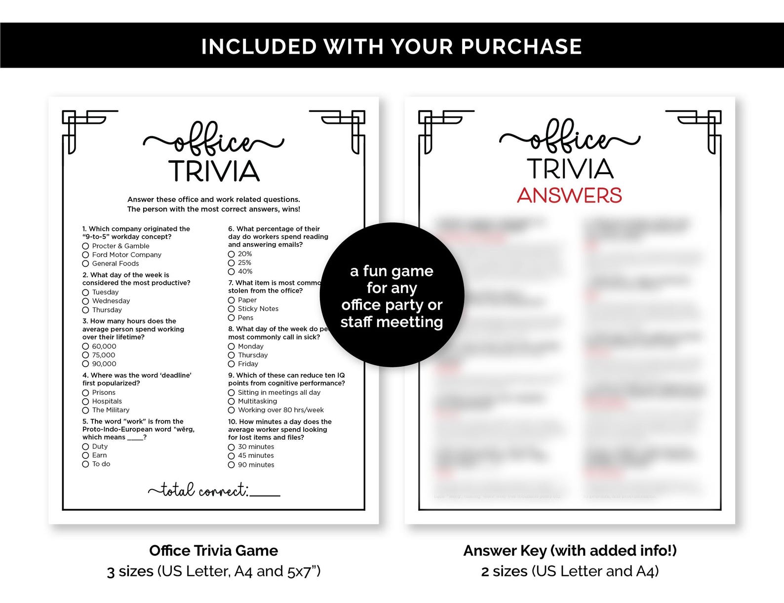 Office Trivia Game, Printable Quiz With Answers for an Office Party ...