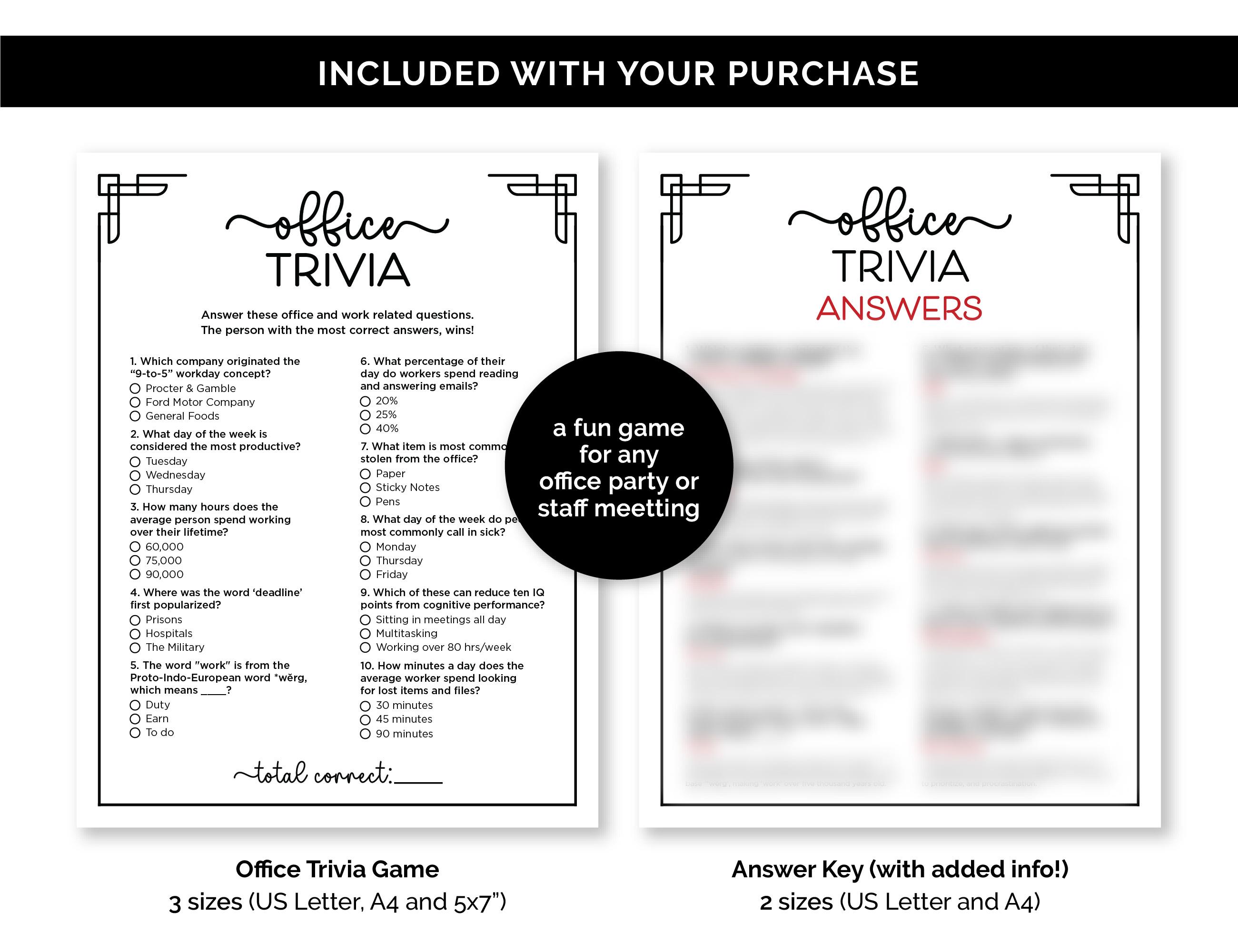Office Trivia Game, Printable Quiz With Answers for an Office Party ...